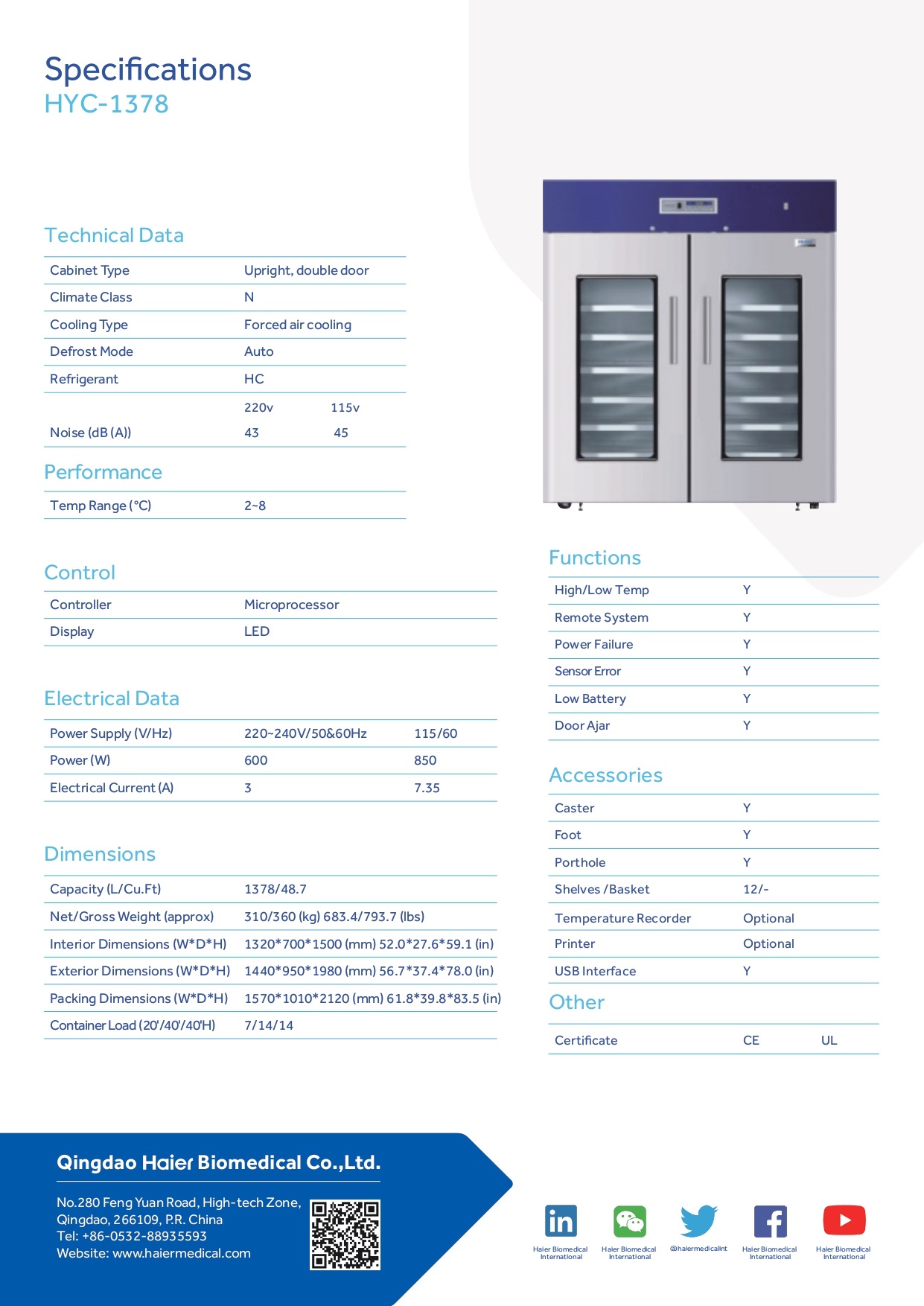 HYC-1378 Haier Biomedical tủ lạnh bảo quản dược phẩm 2 cánh